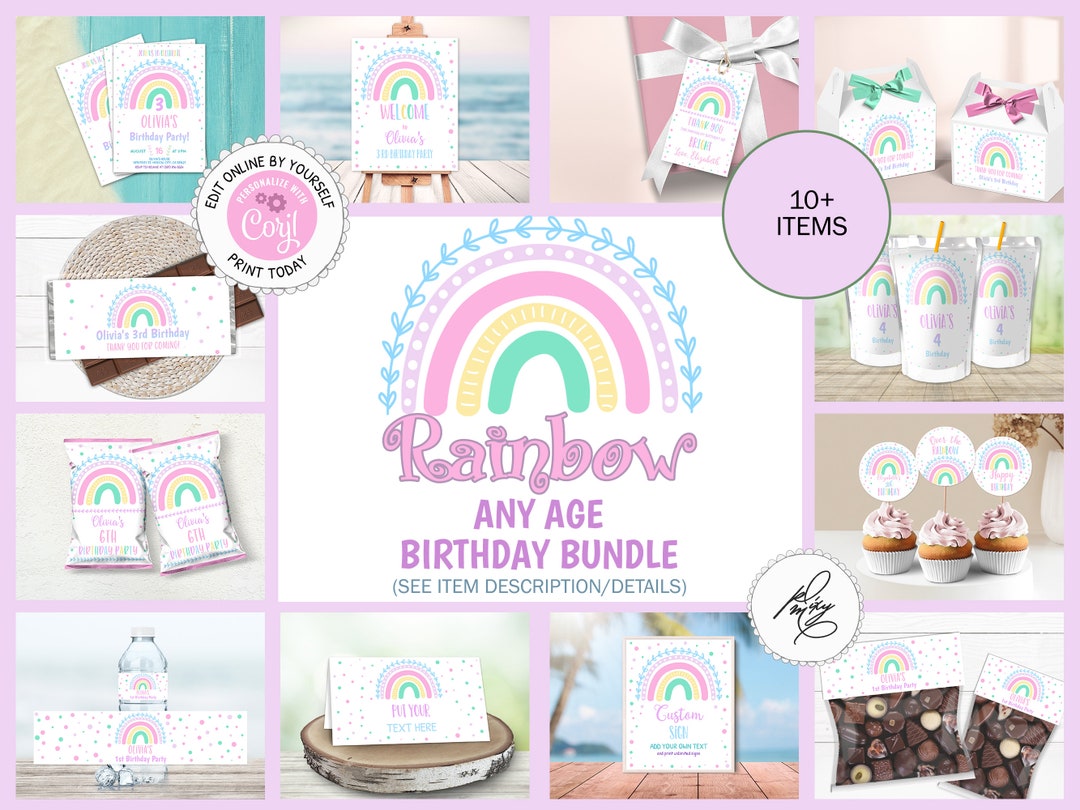 Editable Pastel Rainbow Birthday Bundle, Printable Boho Rainbow ...