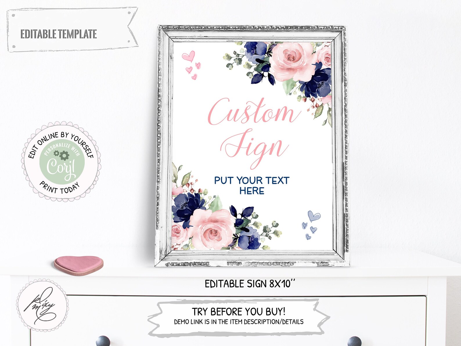 Editable Pale Pink & Navy Blue Custom Sign Baby Shower Party - Etsy