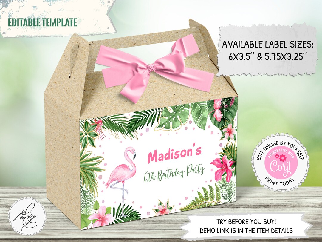 Editable Flamingo Gable Box Label, Printable Flamingo Gift Box Label ...