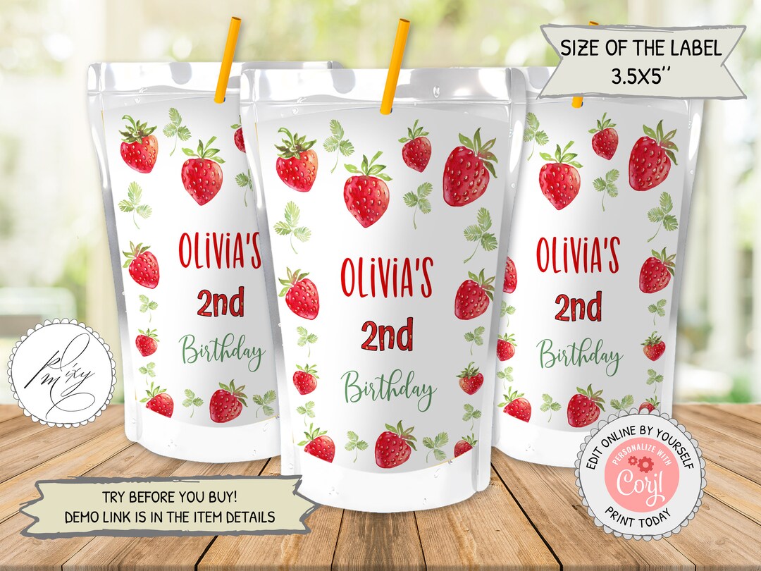 Editable Strawberry Juice Box Labels Red Strawberry Birthday - Etsy