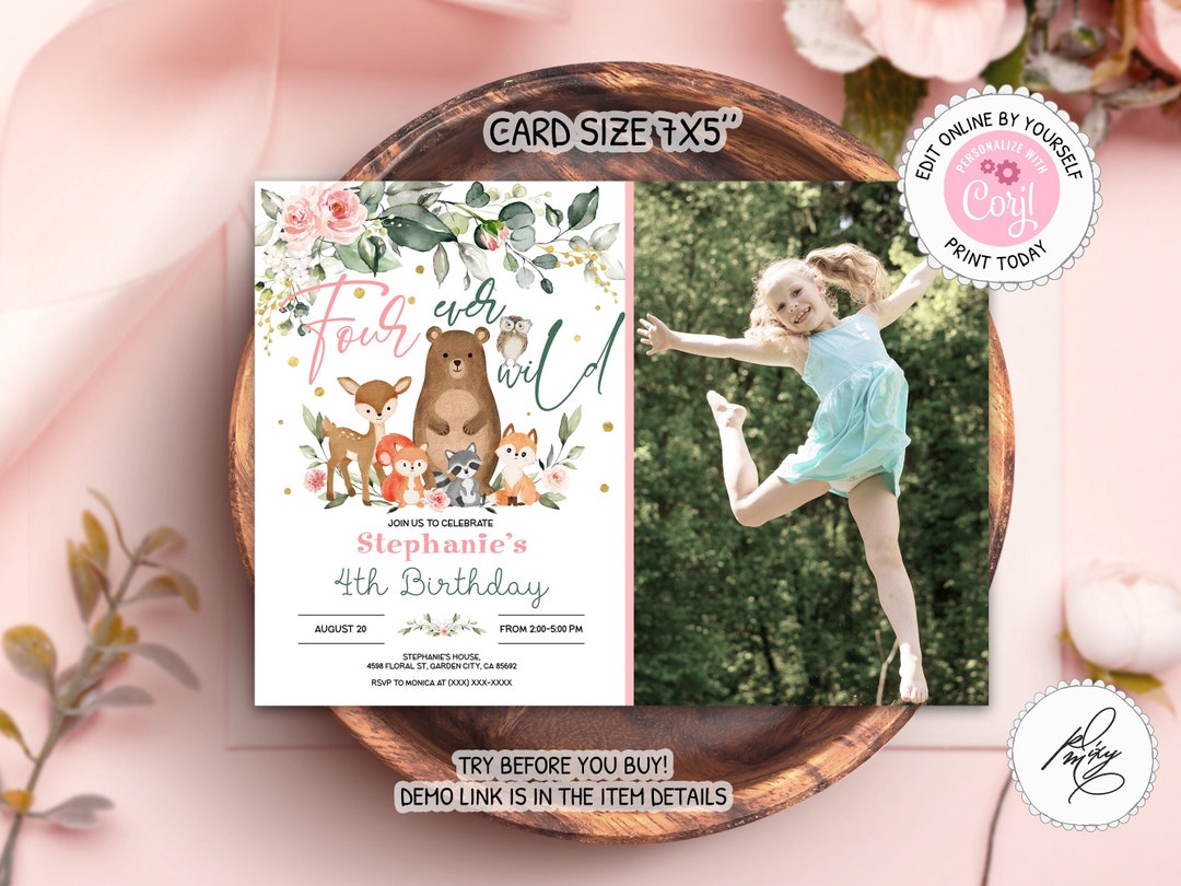 Editable Woodland Birthday Girl Photo Invitation, Four Ever Wild Forest ...