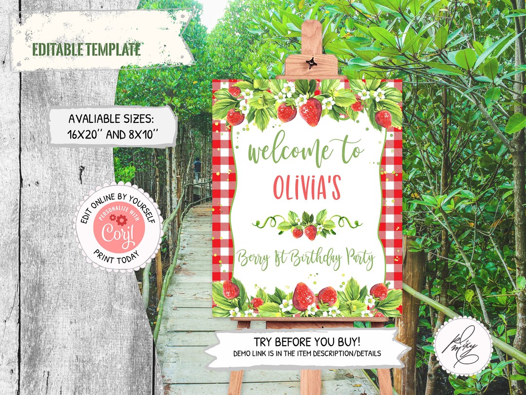 Strawberry Birthday Girl Welcome Sign, Editable Strawberry Welcome ...
