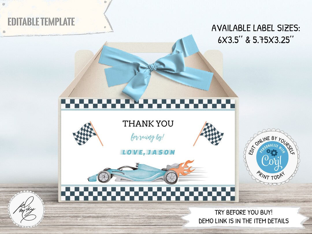 Editable Blue Race Car Gable Box Label, Printable Blue Sports Car Gift ...