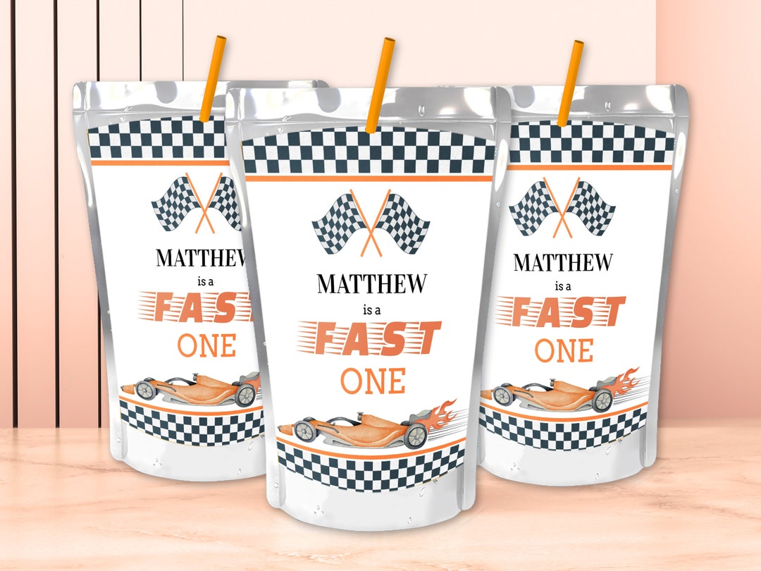 Editable Orange Race Car Juice Box Labels, Orange Car Racing 1st ...