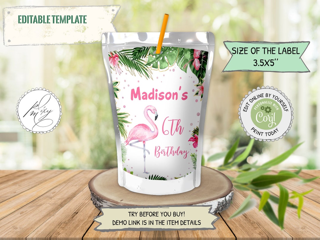 Editable Flamingo Juice Box Labels, Tropical Birthday Party Juice Pouch ...