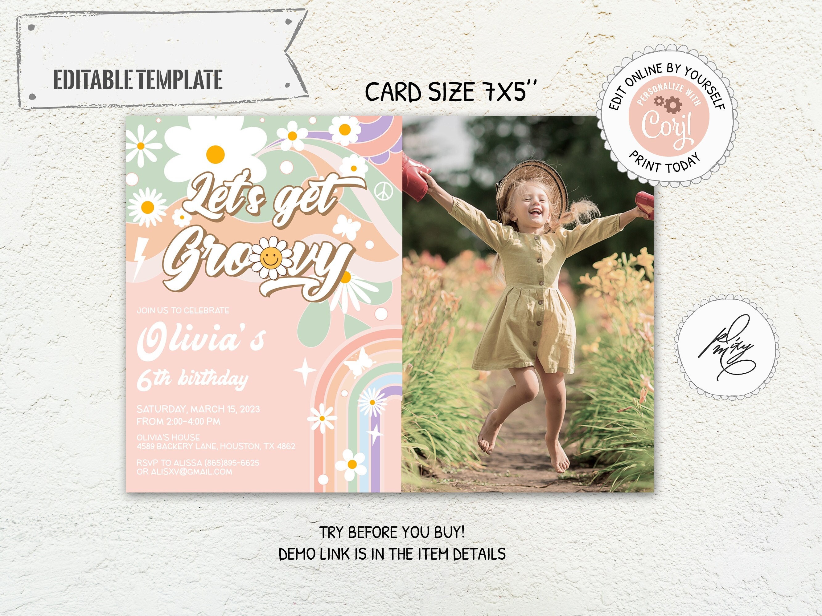 Let's Get Groovy Birthday Girl Photo Invitation Editable - Etsy