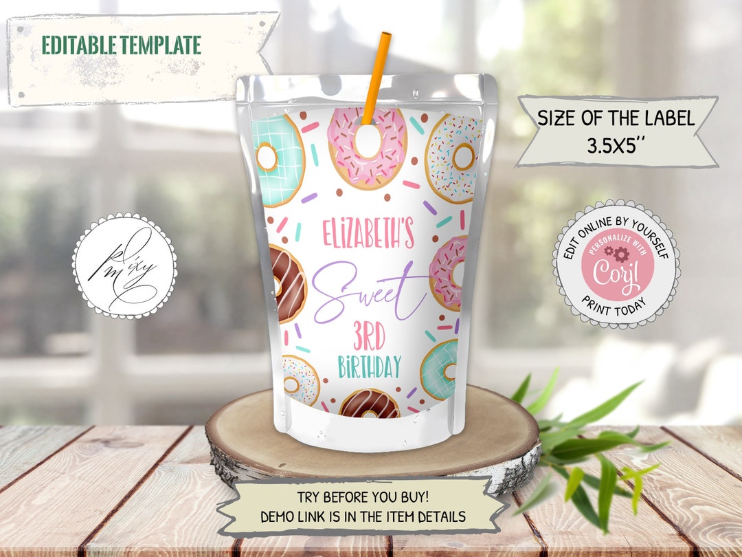 Editable Donut Juice Box Labels , Donut Birthday Party Juice Pouch ...