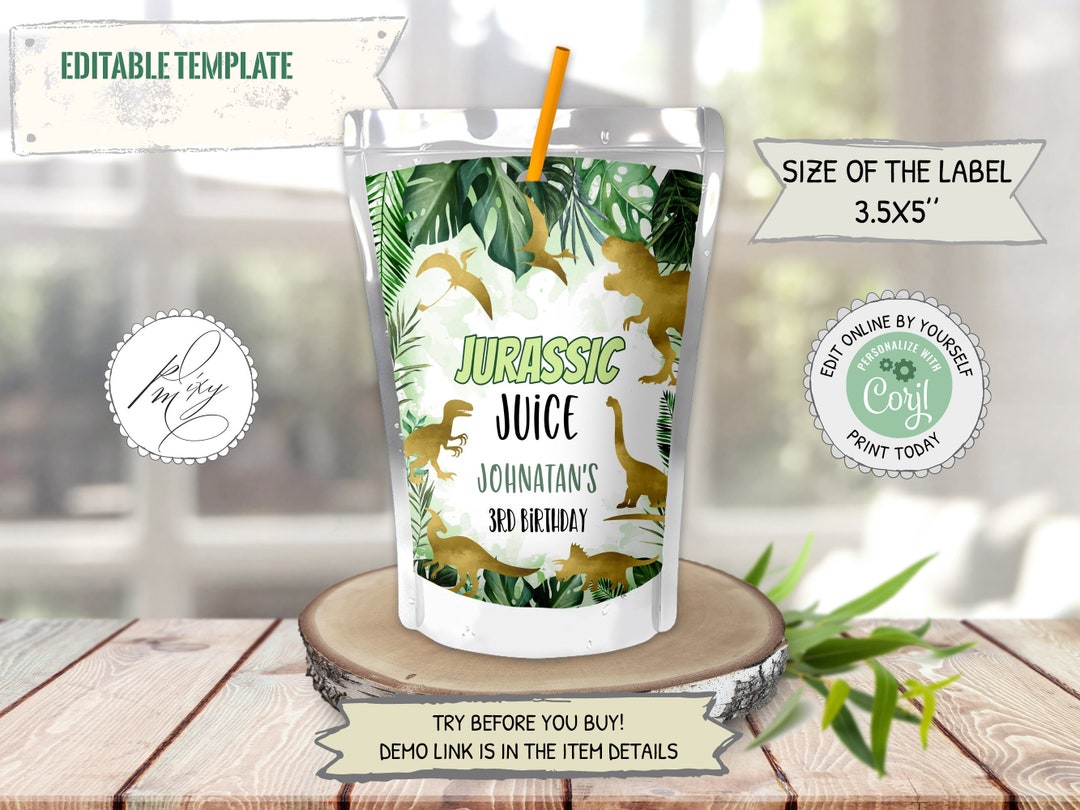Editable Gold Dinosaur Juice Box Labels , Dinosaur Birthday Party Juice ...