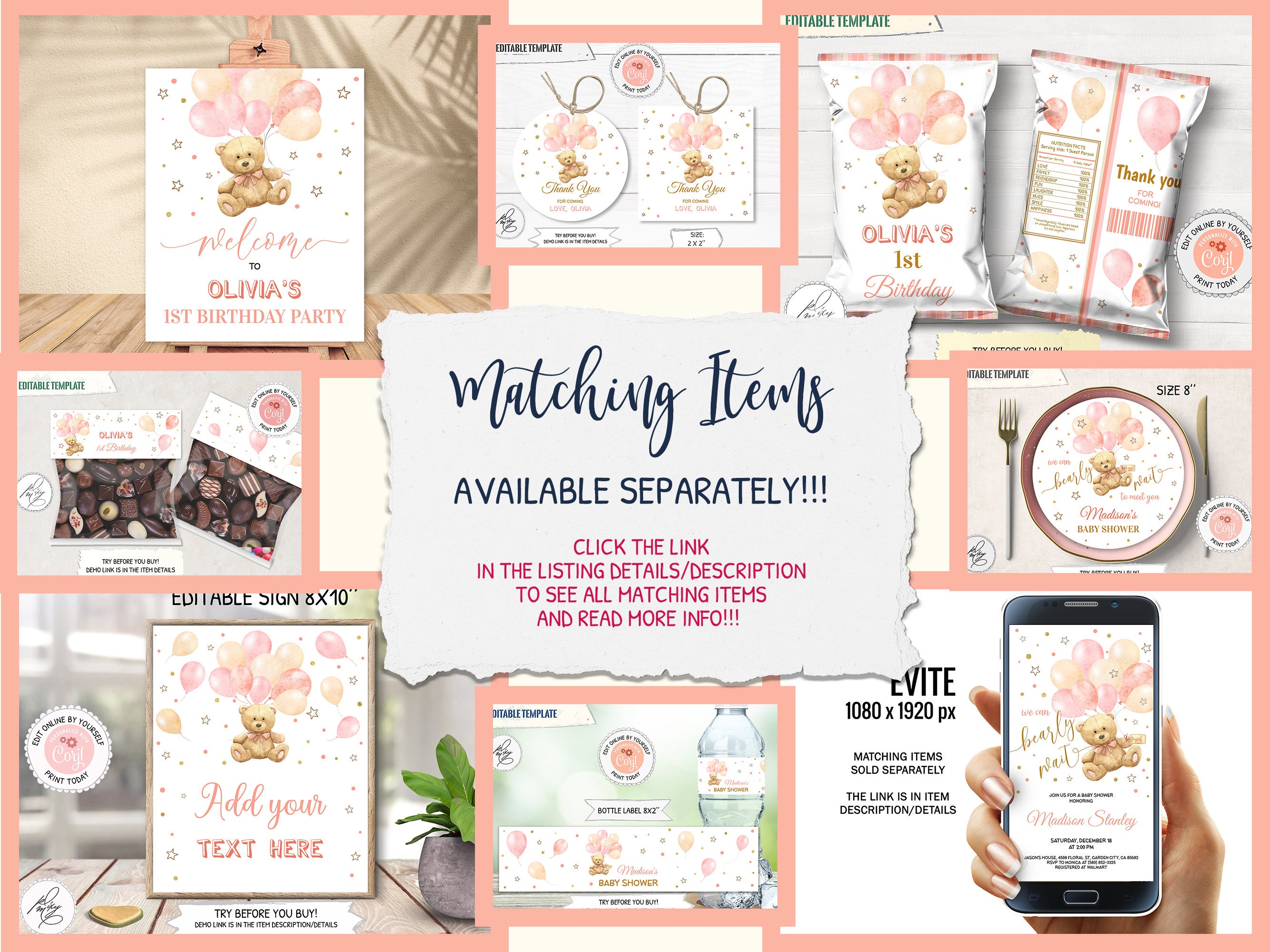 Editable Teddy Bear Baby Shower Charger Plate Insert Pink - Etsy