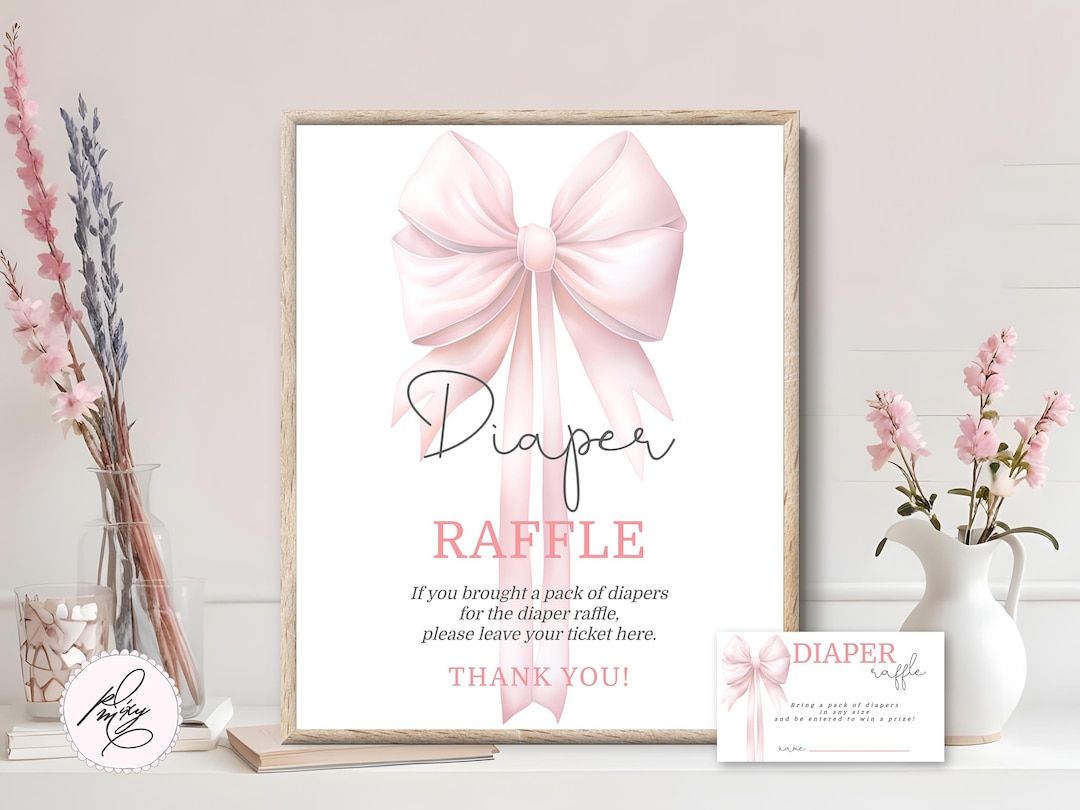 Printable Pink Bow Diaper Raffle Sign With Tickets, Coquette Baby ...