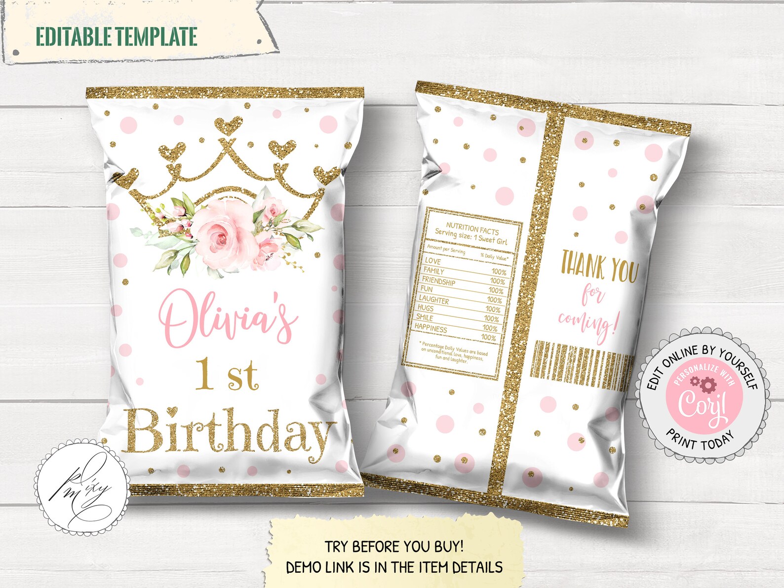 Editable Princess Chip Bag Template Blush Pink Floral - Etsy España