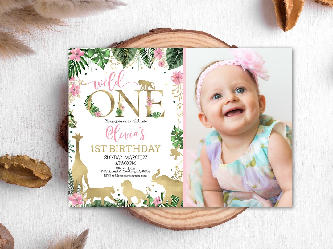 Editable Wild One Birthday Girl Photo Invitation, Pink Gold Safari ...