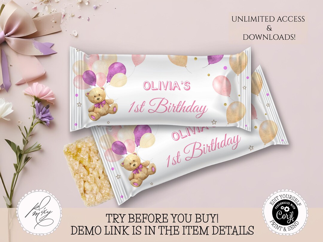 Editable Pink Teddy Bear Rice Krispies Treat Wrapper, Teddy Bear Snacks ...