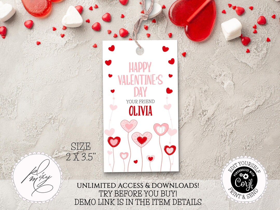 Editable Red Pink Hearts Happy Valentine's Day Gift Tag, Classroom ...