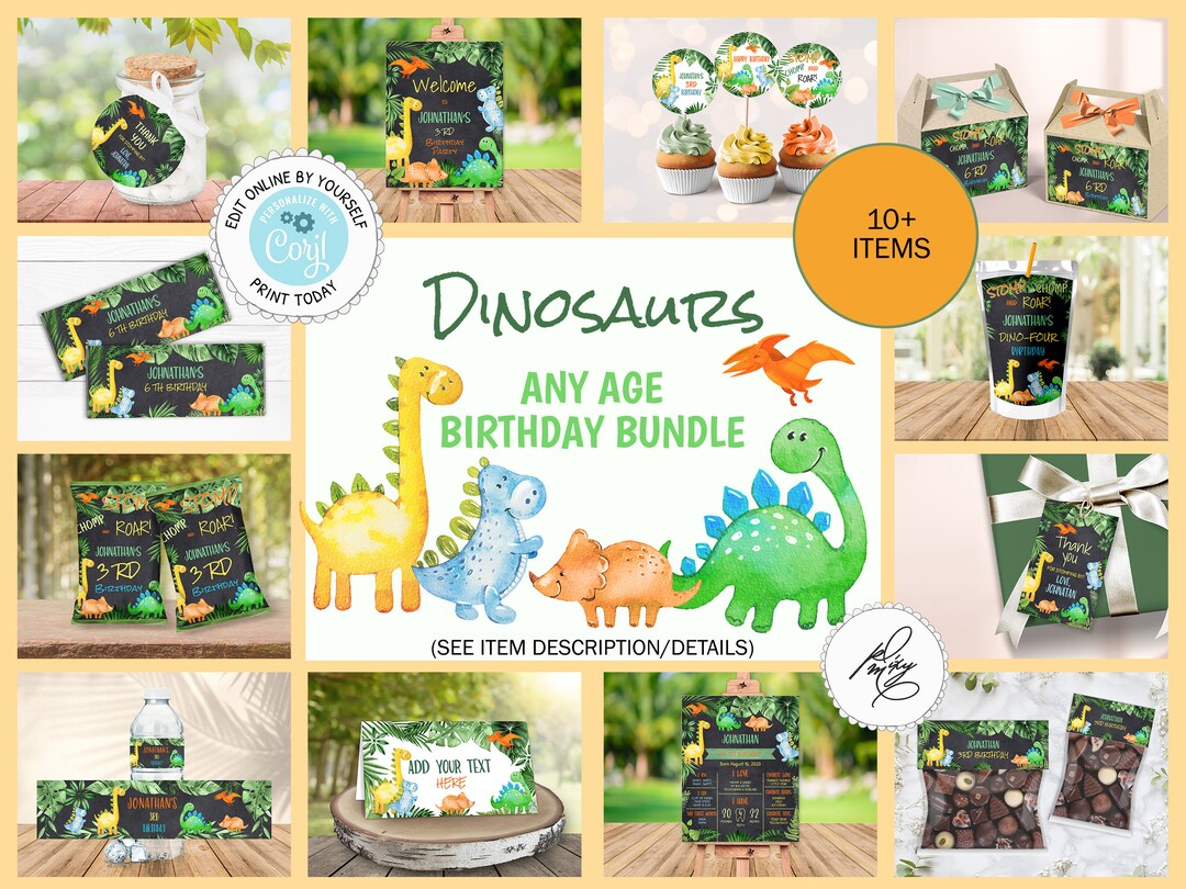 Editable Dinosaur Any Age Birthday Bundle, Printable Colorful Dinosaurs ...