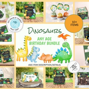 Editable Dinosaur Any Age Birthday Bundle, Printable Colorful Dinosaurs ...
