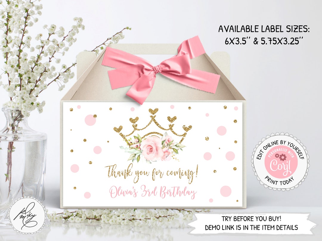 Editable Princess Gable Box Label, Pink Crown Princess Gift Box Label ...