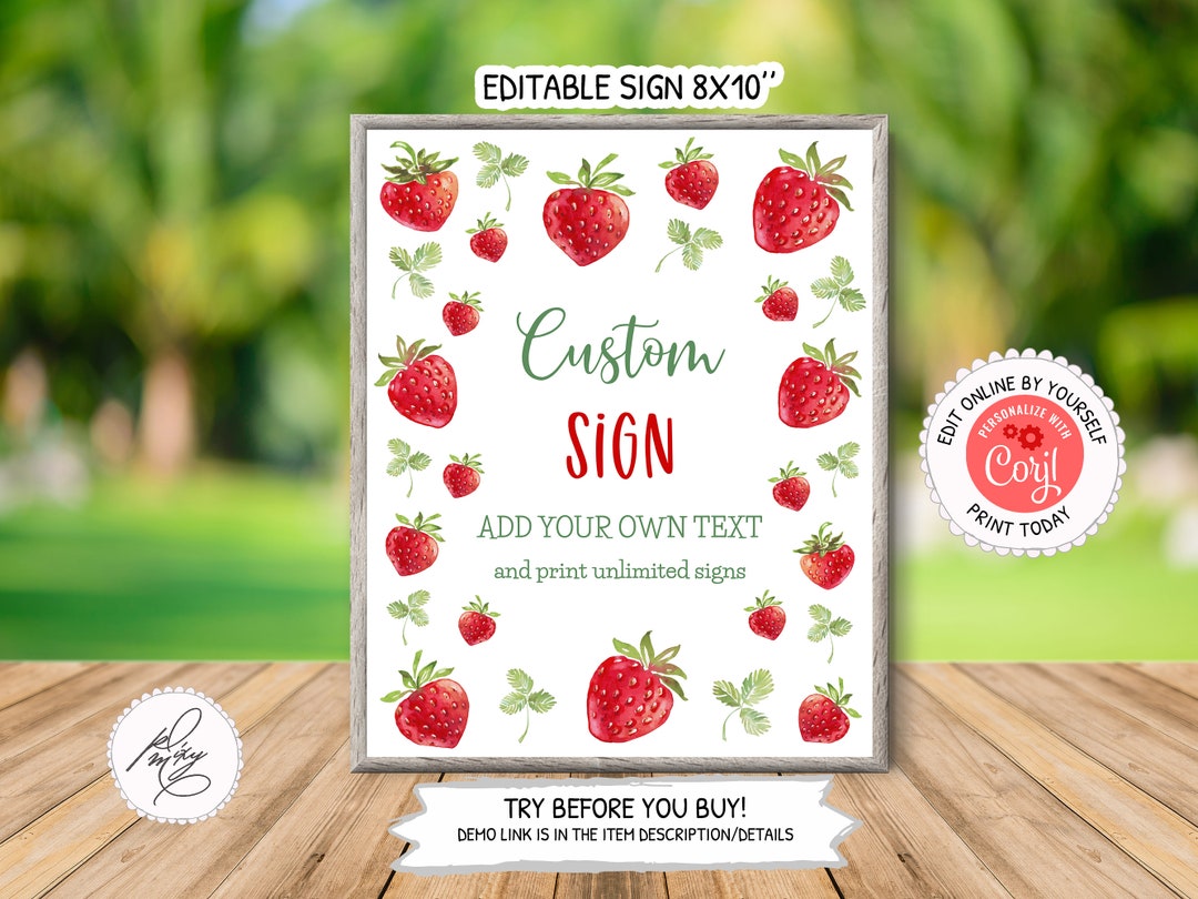 Editable Strawberry Custom Sign, Summer Fruits Birthday Signs ...