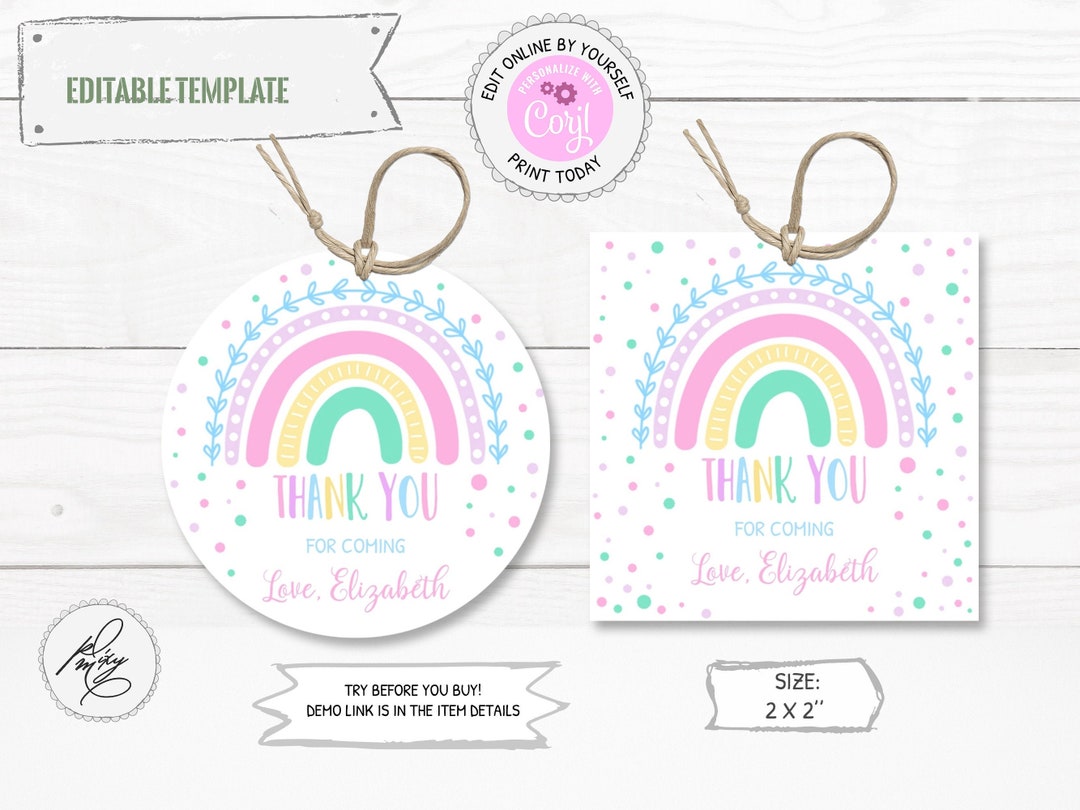 Editable Rainbow Favor Tag, Pastel Rainbow Thank You Tag, Colorful ...