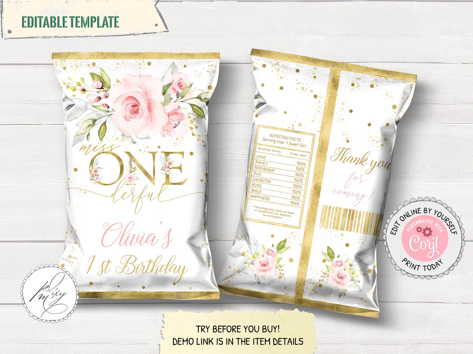 Editable Blush Pink Chip Bag Template Blush Pink Floral | Etsy