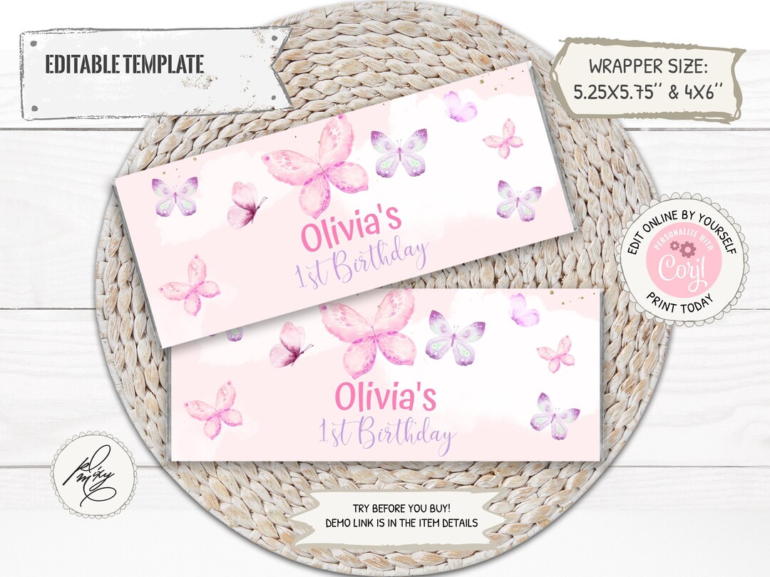 Editable Pink Purple Butterfly Candy Bar Label, Pastel Butterfly ...