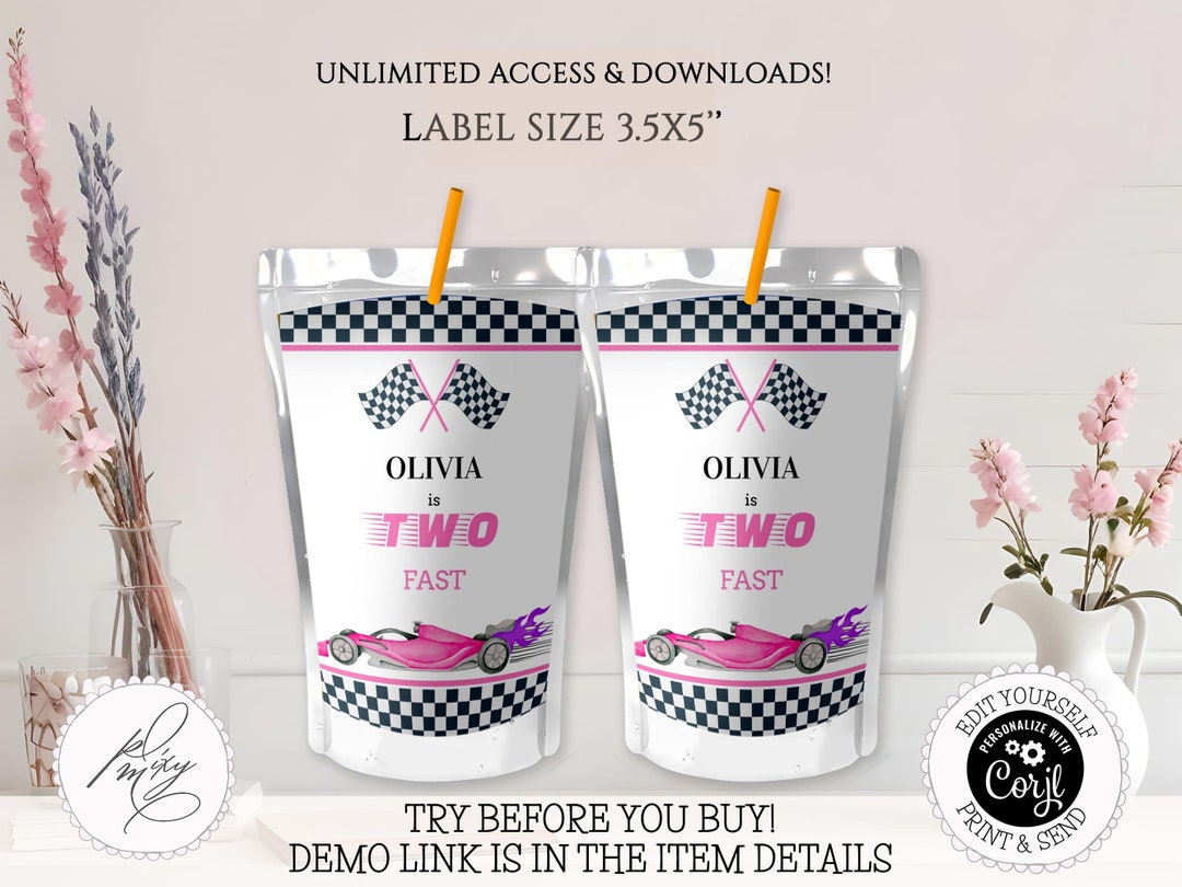 Editable Pink Race Car Juice Box Labels, Pink Car Racing 2nd Birthday ...