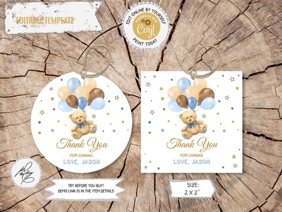 Teddy Bear Favor Tag Editable Teddy Bear & Balloons Birthday - Etsy