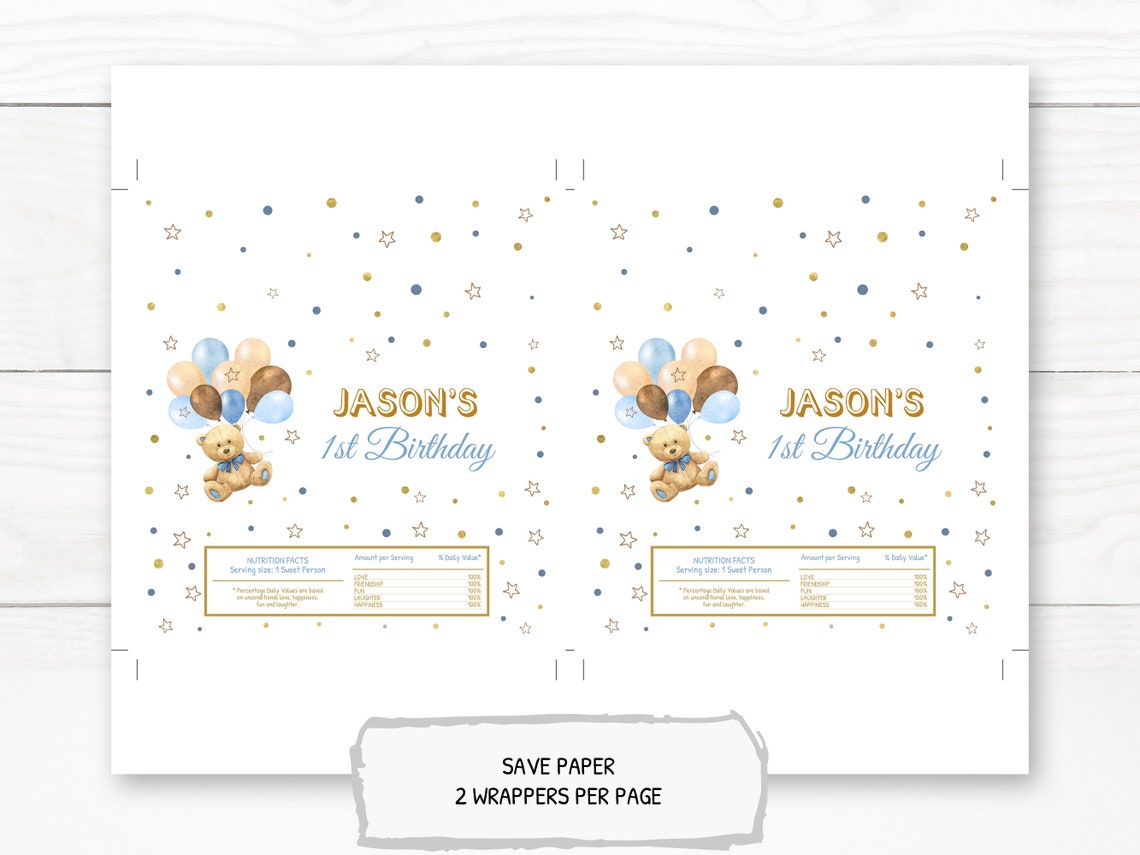 Editable Teddy Bear Chocolate Wrapper Printable Blue Teddy - Etsy