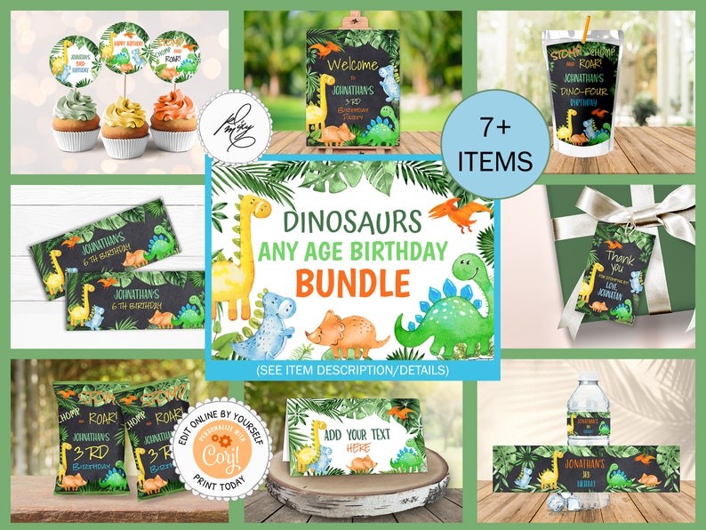 Editable Colorful Dinosaurs Any Age Birthday Bundle Printable - Etsy