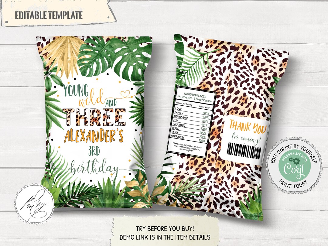 Editable Leopard Print Chip Bag Wrapper, Young Wild & Three Safari ...