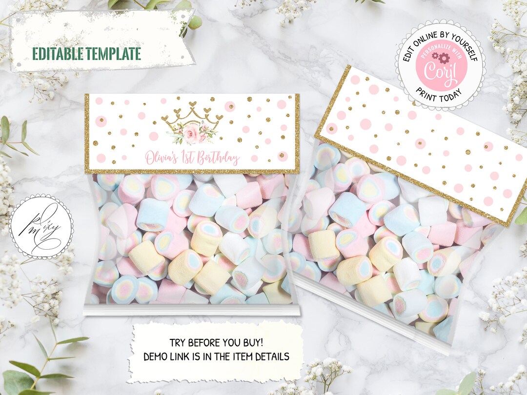 Princess Treat Bag Topper, Editable Blush Pink Floral Princess Bag ...