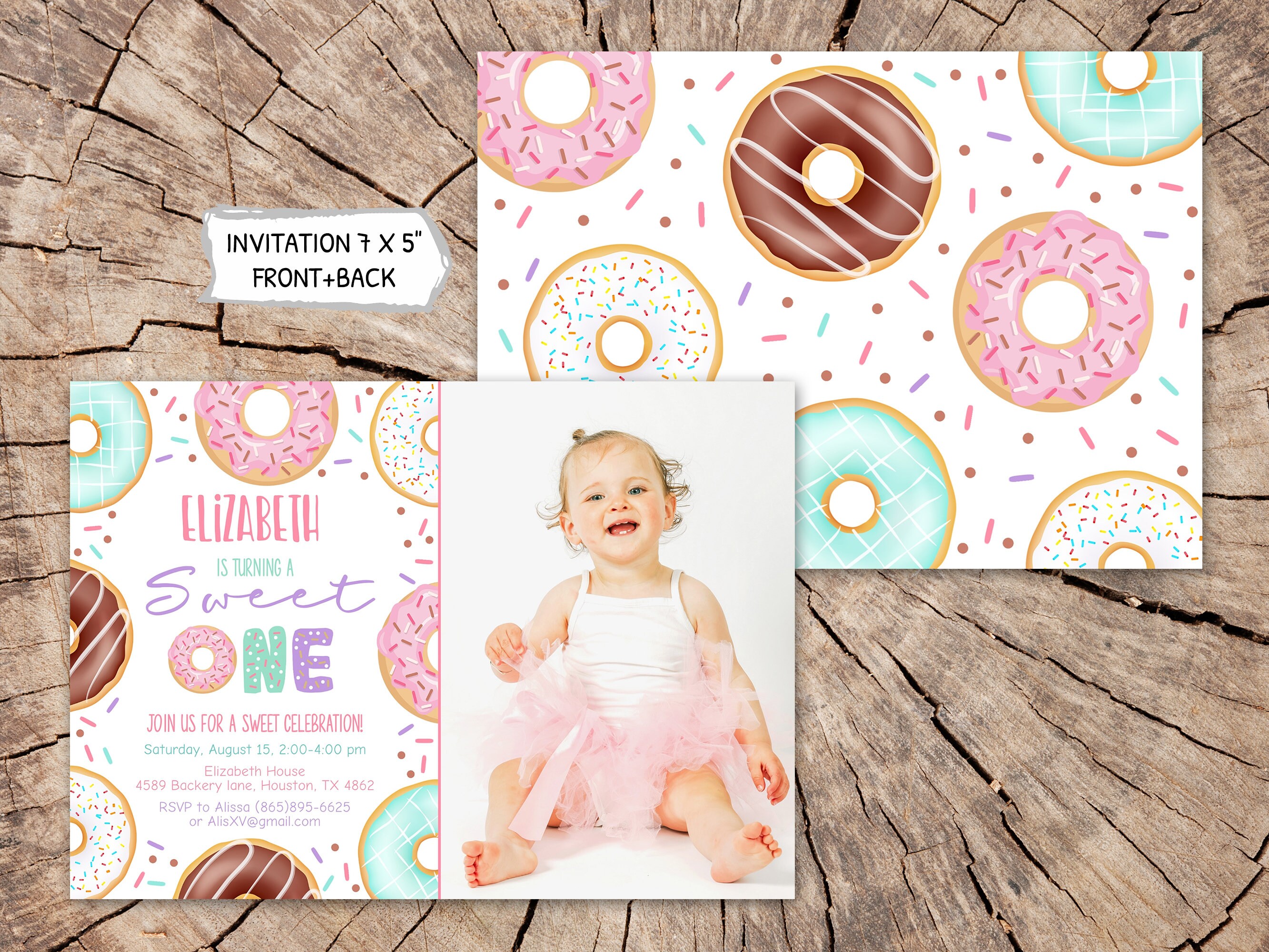 Donut 1st Birthday Photo Invitation Girl Editable Donut First - Etsy