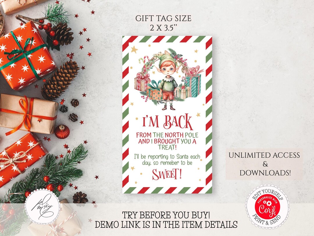 Editable Christmas Elf Gift Tag, Elf Boy Treat Tag, Elf I'm Back ...