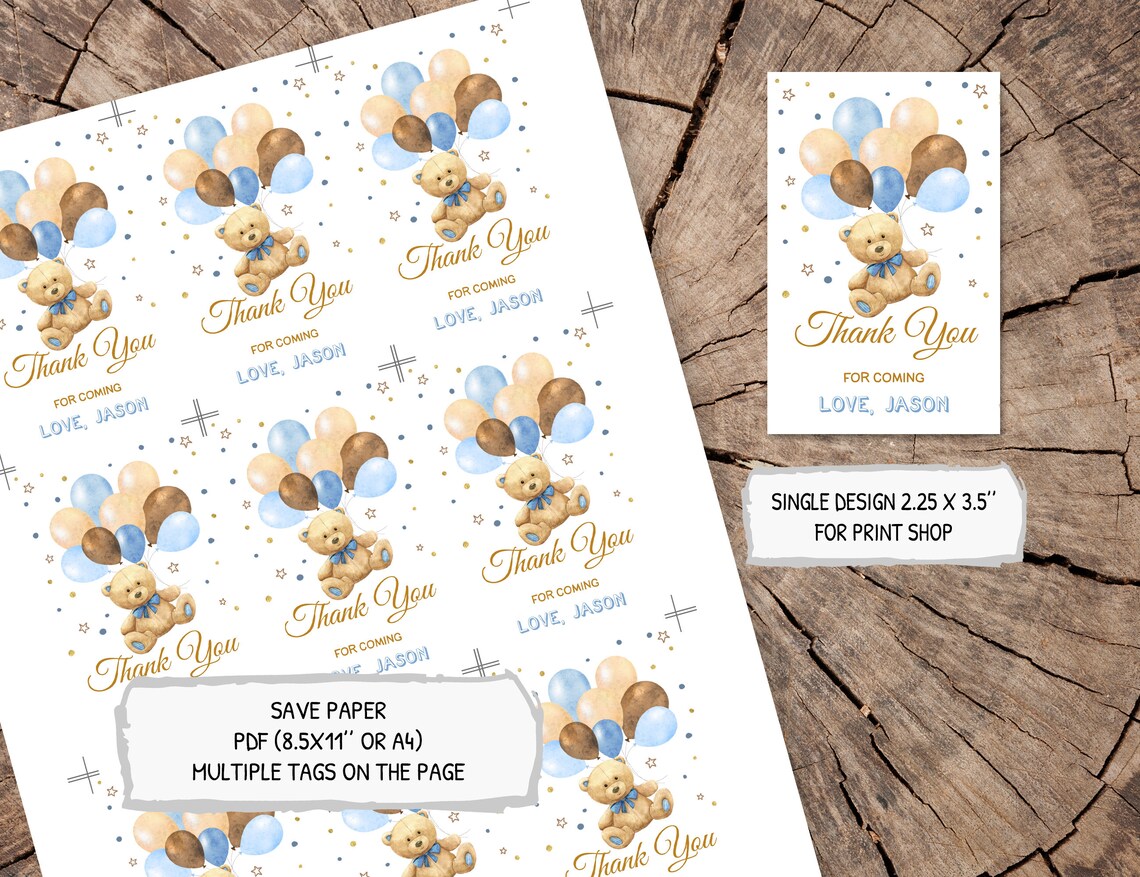 Teddy Bear Favor Tag Teddy Bear & Balloons Thank You Tag - Etsy
