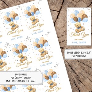 Teddy Bear Favor Tag, Teddy Bear & Balloons Thank You Tag, Editable ...
