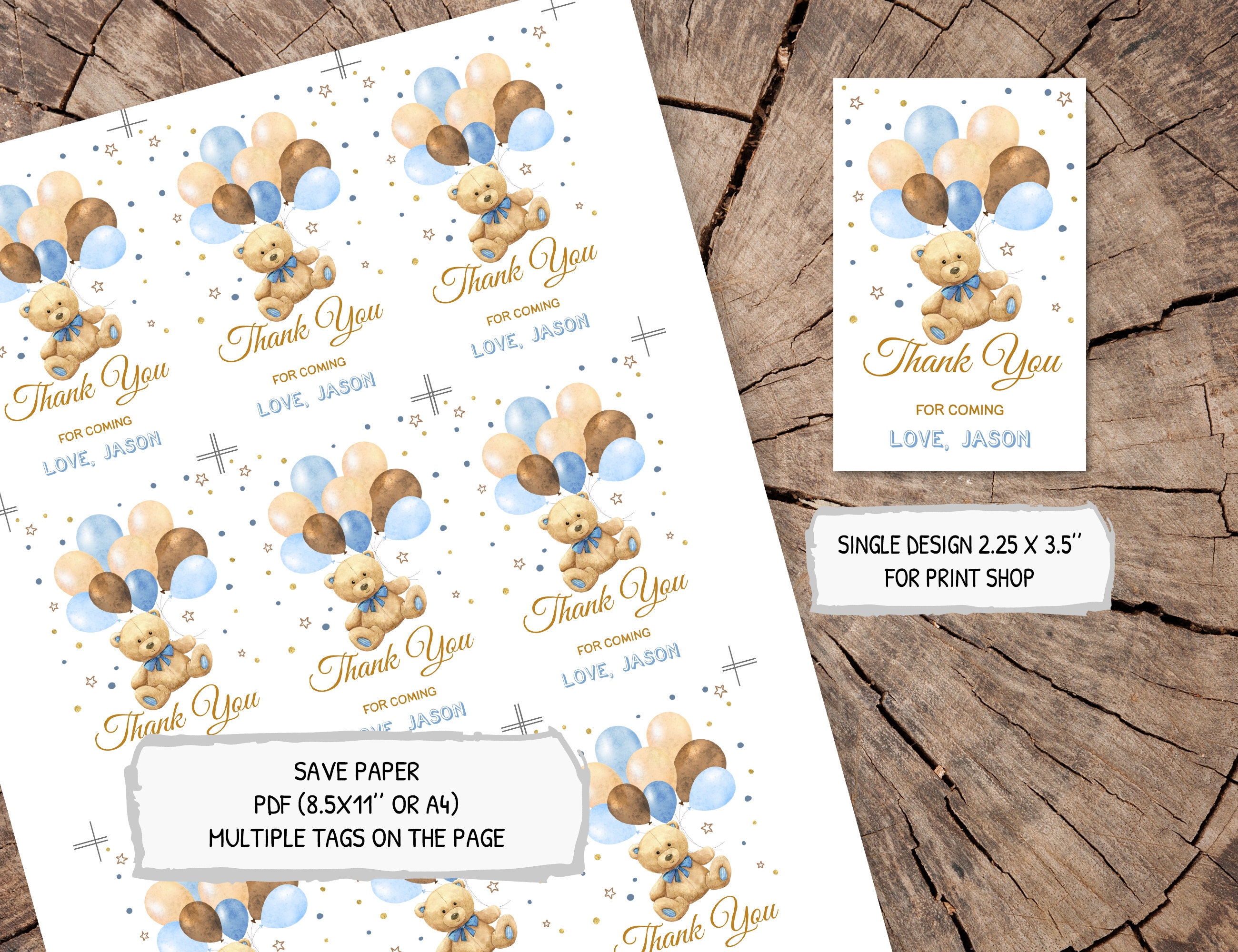 Teddy Bear Favor Tag Teddy Bear & Balloons Thank You Tag - Etsy