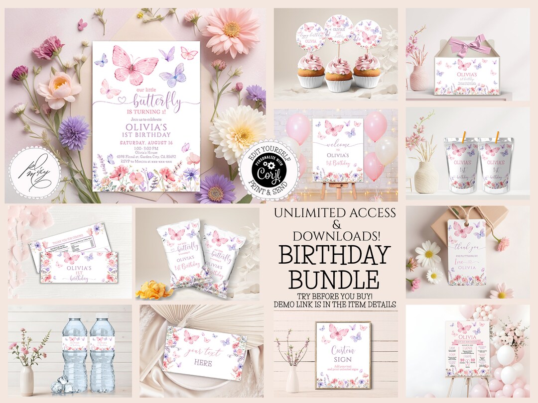Editable Wildflower Pink Purple Butterfly Birthday Bundle, Floral ...