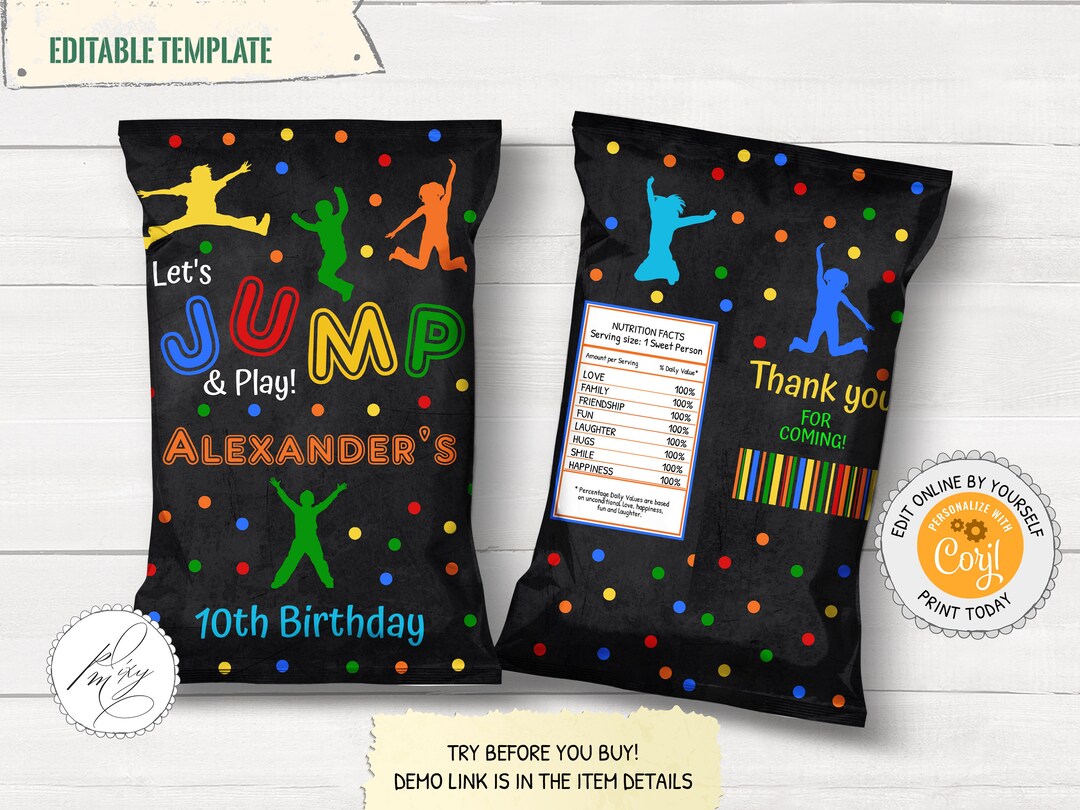 Editable Jump Chip Bag Template, Snacks Treat Bag Wrapper, Bounce House ...