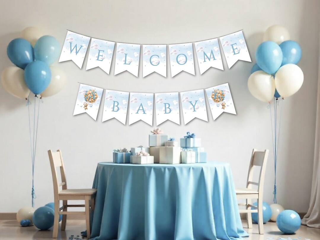 Editable Blue Brown Bear Welcome Baby Banner, Teddy Bear Balloons Baby ...