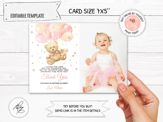 Editable Pink Peach Teddy Bear Photo Thank You Card Teddy - Etsy