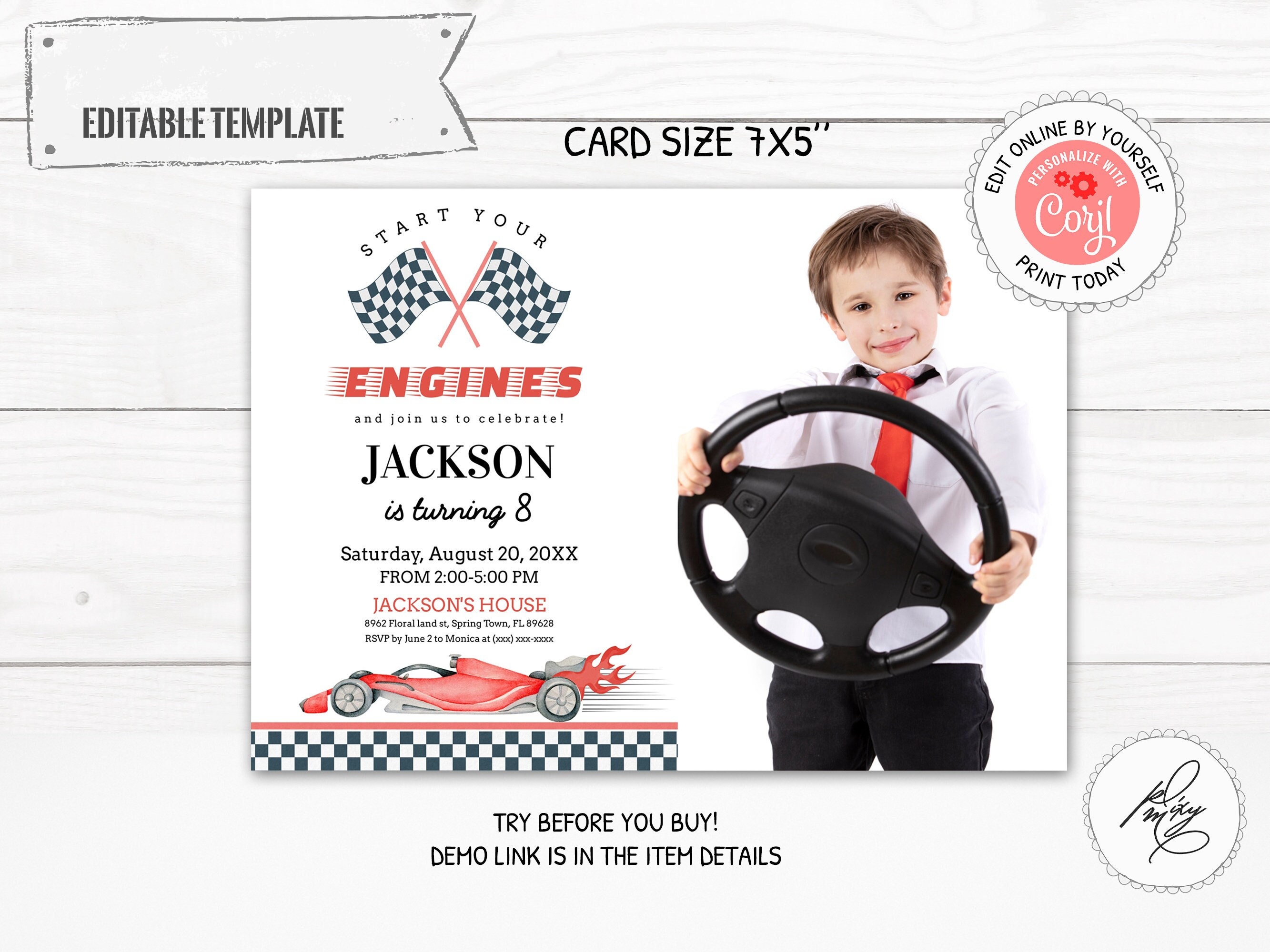 Editable Red Race Car Birthday Photo Invitation Racing Car - Etsy