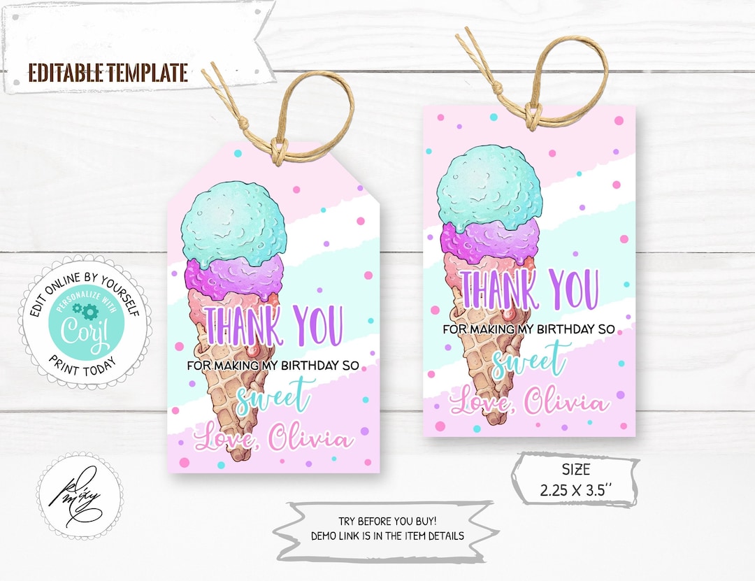 Ice Cream Favor Tag Ice Cream Thank You Tag Editable Ice - Etsy