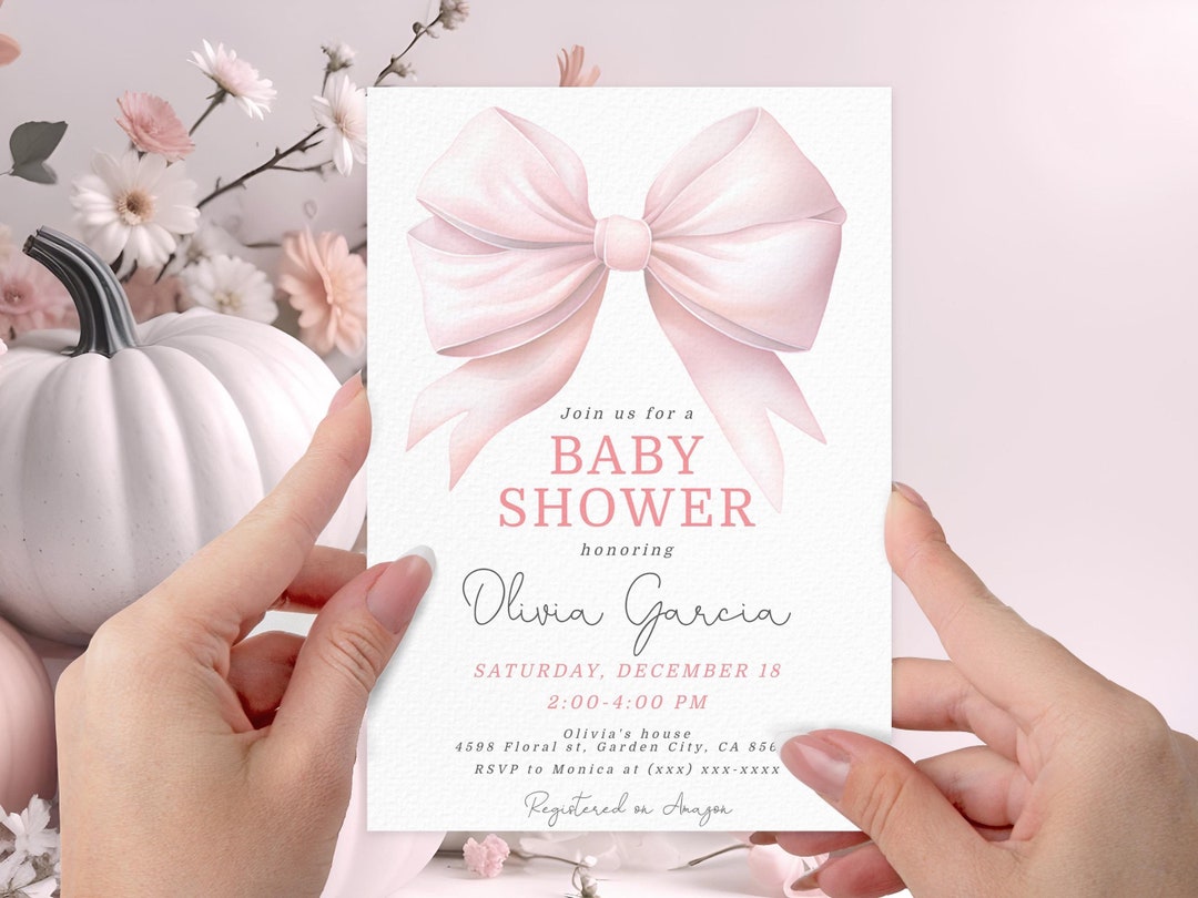 Editable Pink Bow Baby Shower Girl Invitation, Minimalist Pink Baby ...