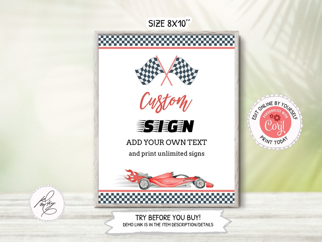 Editable Red Race Car Custom Sign, Racing Car Birthday Party Decoration ...