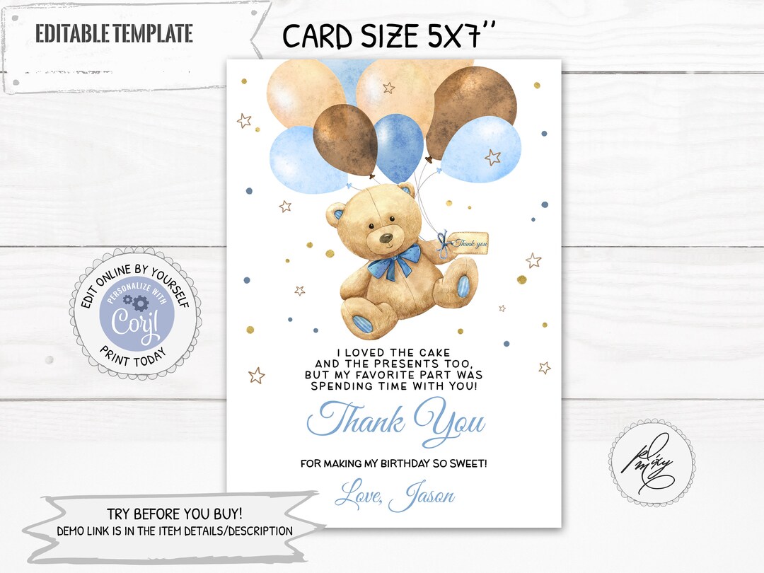 Editable Blue Teddy Bear Thank You Card Teddy Bear Balloons - Etsy ...