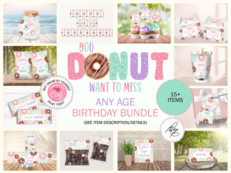 Editable Donut Any Age Birthday Bundle Colorful Donuts - Etsy