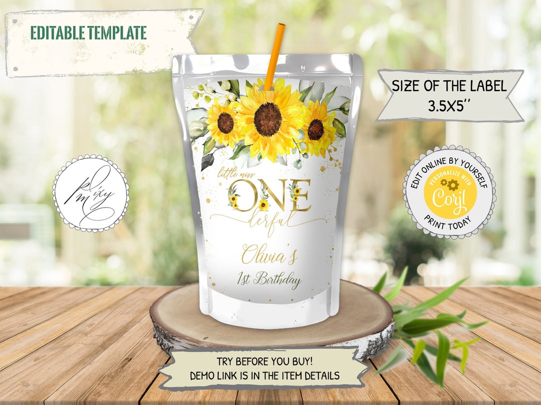 Editable Little Miss Onederful Juice Box Labels Sunflower - Etsy