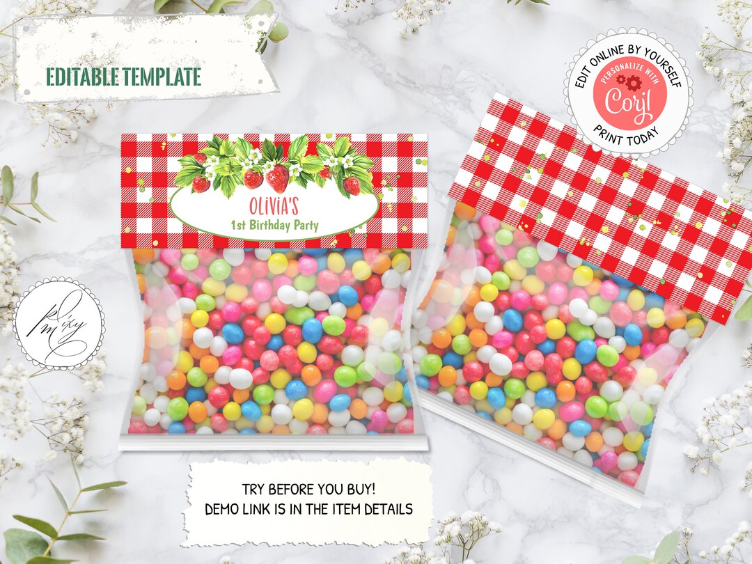 Strawberry Treat Bag Topper, Editable Strawberry Bag Topper, Strawberry ...