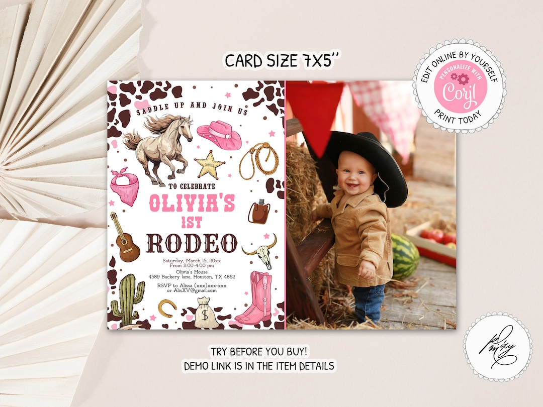 Editable My 1st Rodeo Birthday Girl Photo Invitation, Cowgirl Birthday ...