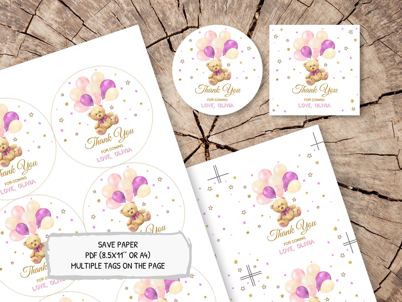 Teddy Bear Favor Tag Editable Teddy Bear & Balloons Birthday | Etsy